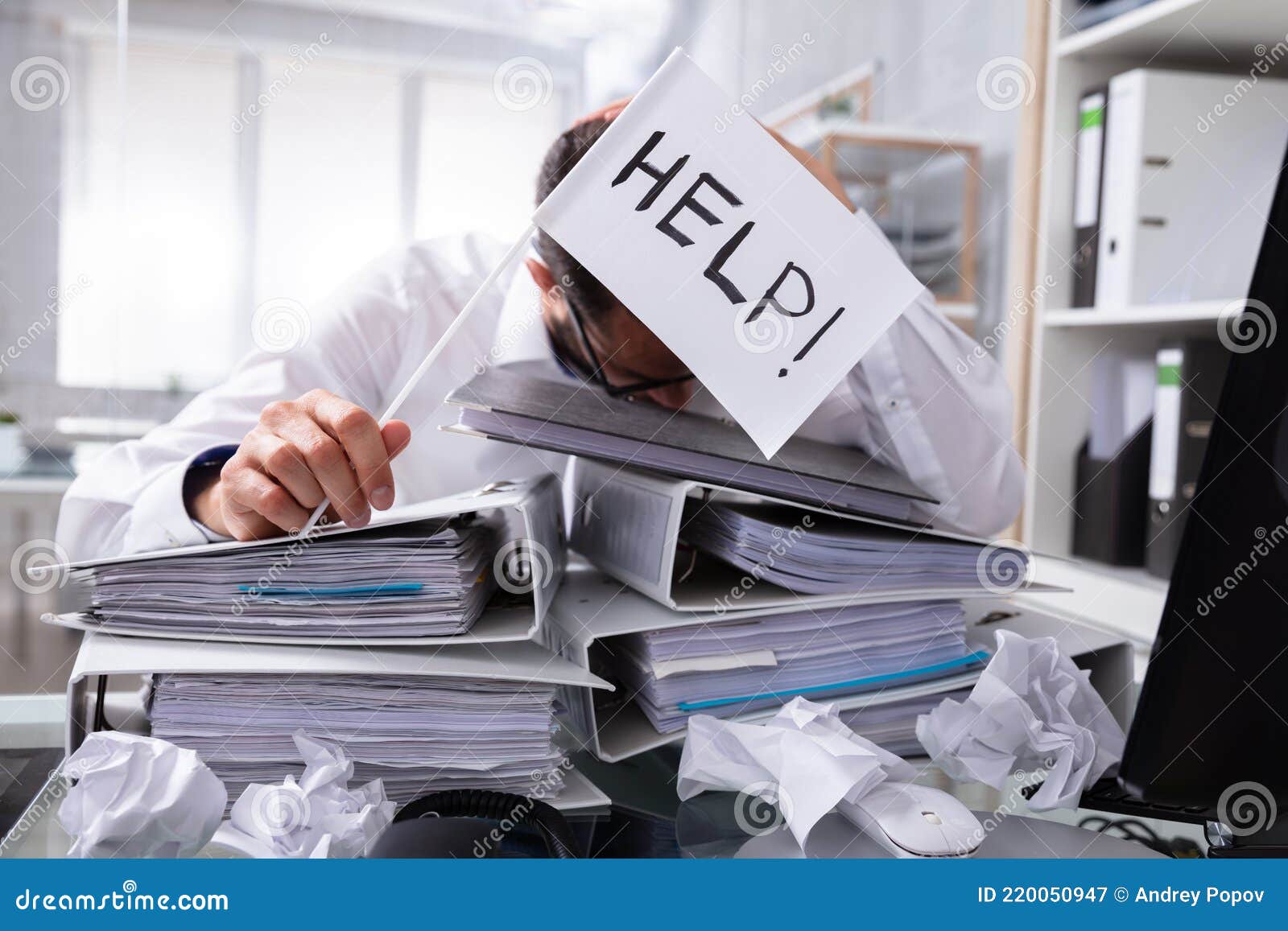 Overworked Businessman Holding Help Flag Stock Image - Image of monitor ...