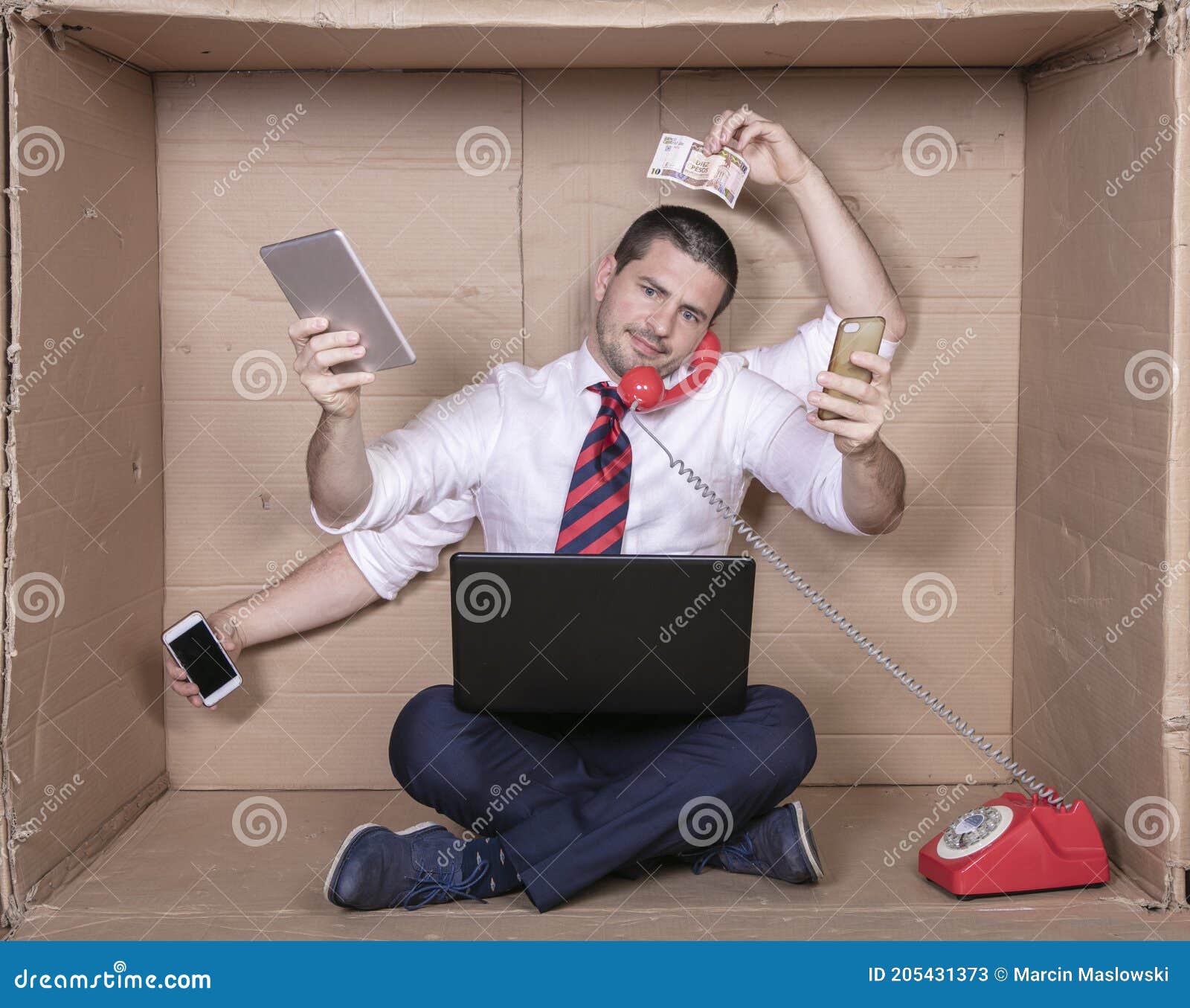 Overworked Businessman Performs Several Tasks at Once at Work, Concept ...