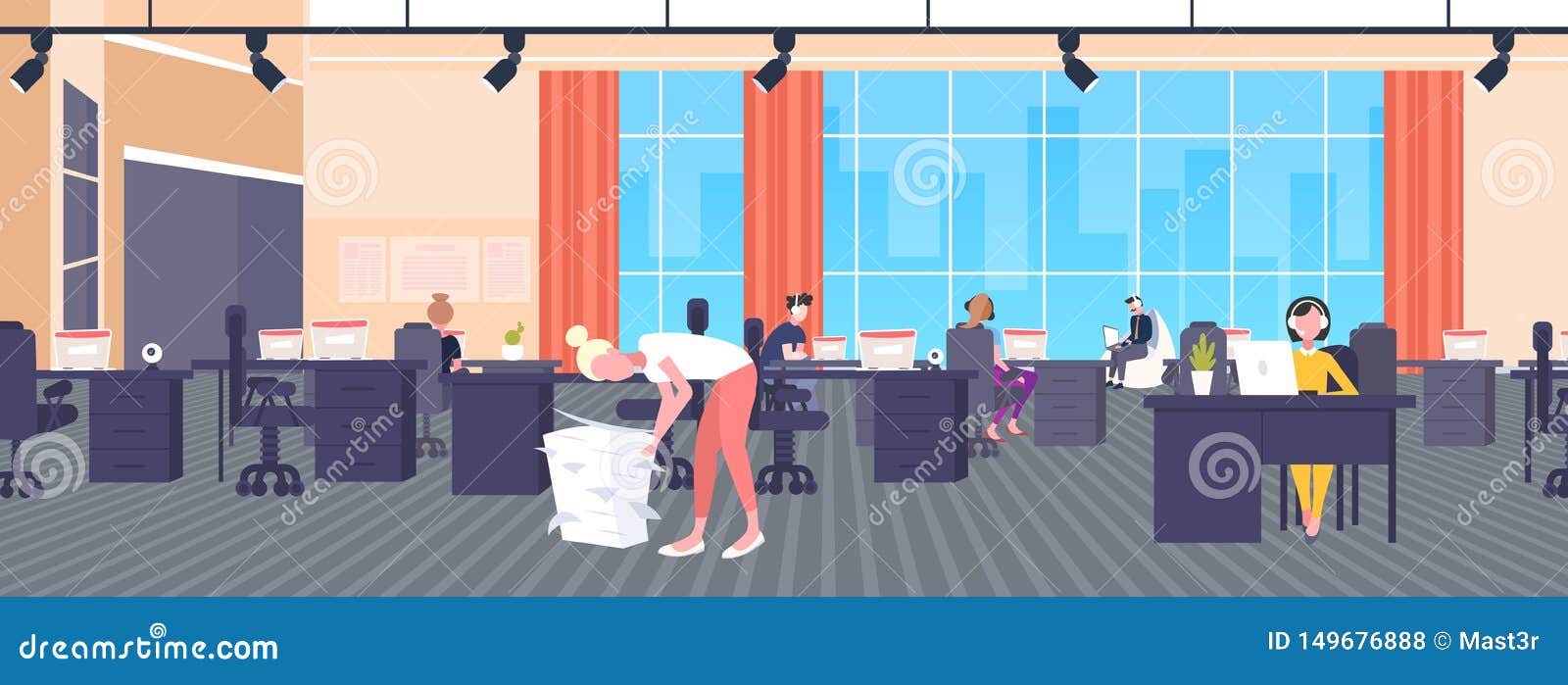 Overworked Businesswoman Engaged in Work with Paper Documents Stack ...