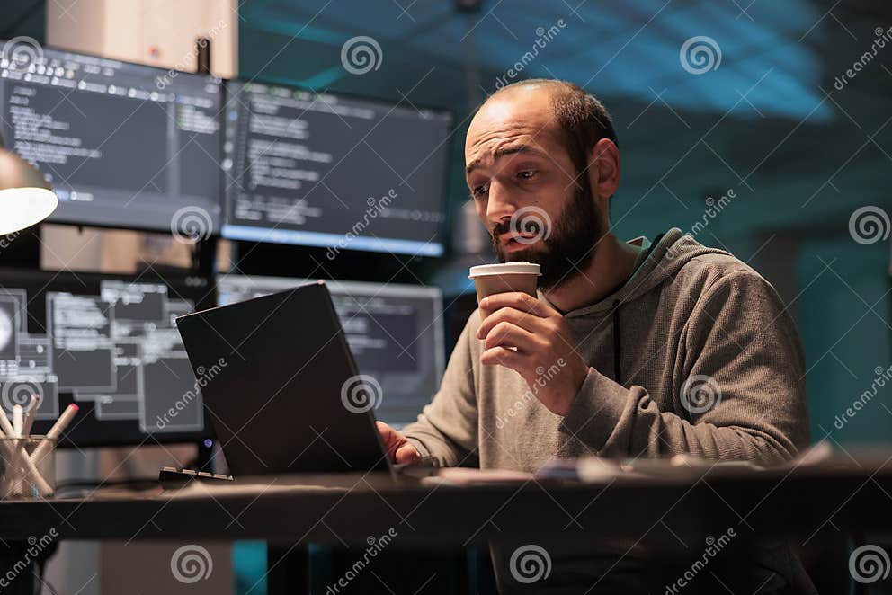 Overworked Coder Drinking Coffee Cup and Programming Stock Photo - Image of coding, server ...