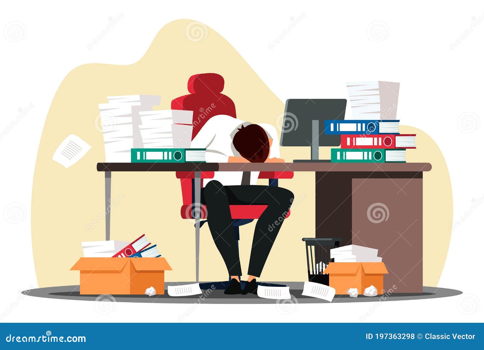Overworked Employee Kneeling Front Of Paper Box Cartoon Vector ...