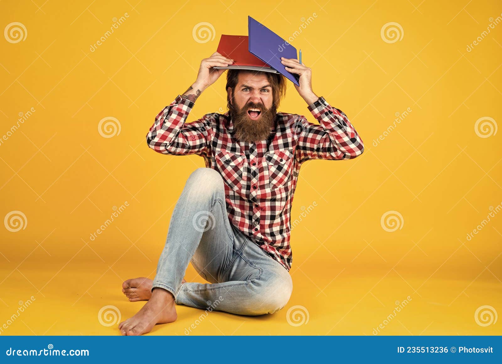 Overworked Guy. Paper Work Concept. Typical Office Life. Bearded Man ...