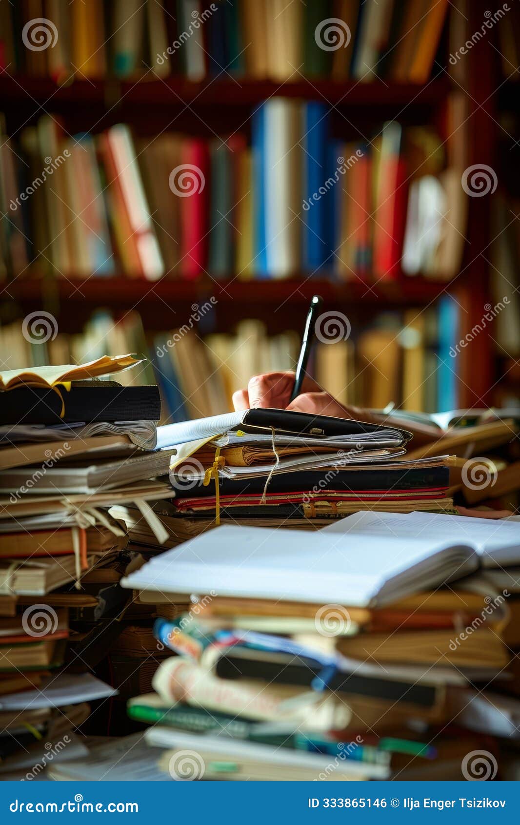 Overworked Historian Writing Research Paper, Surrounded by Stacks of ...