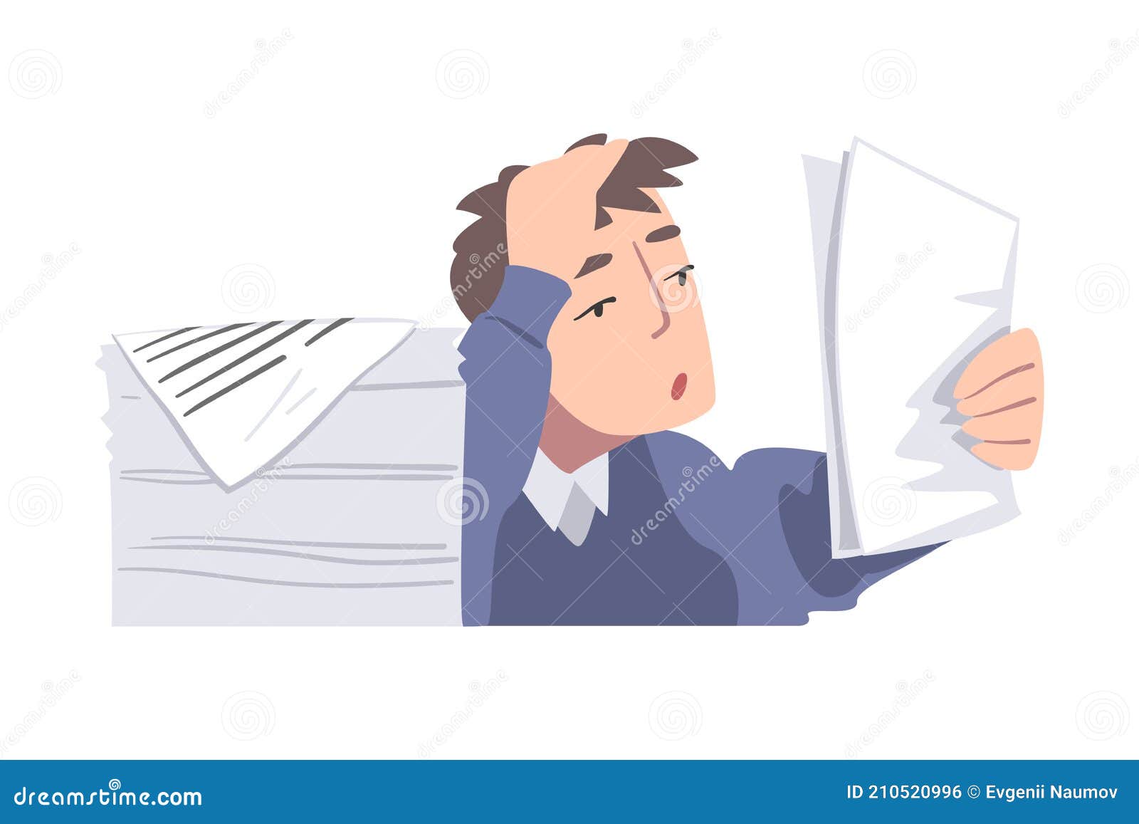 Overworked Man Character at Table with Pile of Papers Vector ...