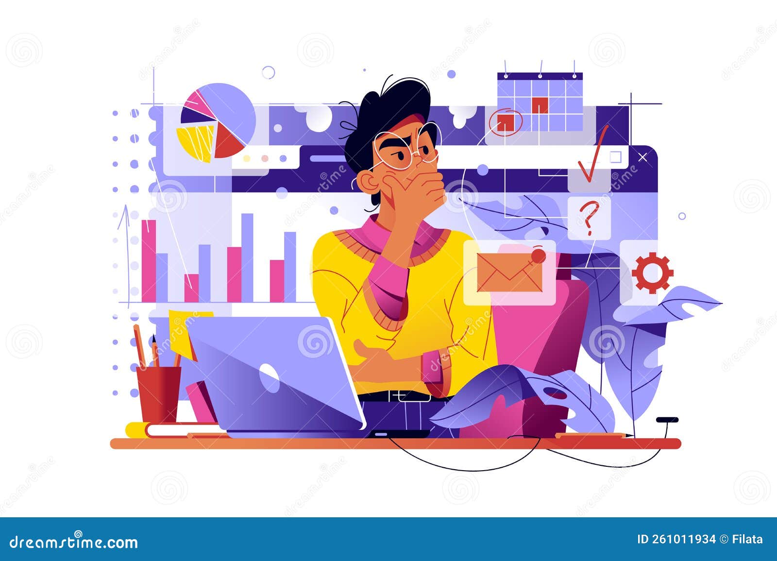 Overworked Man Lost in Thoughts Stock Vector - Illustration of think ...