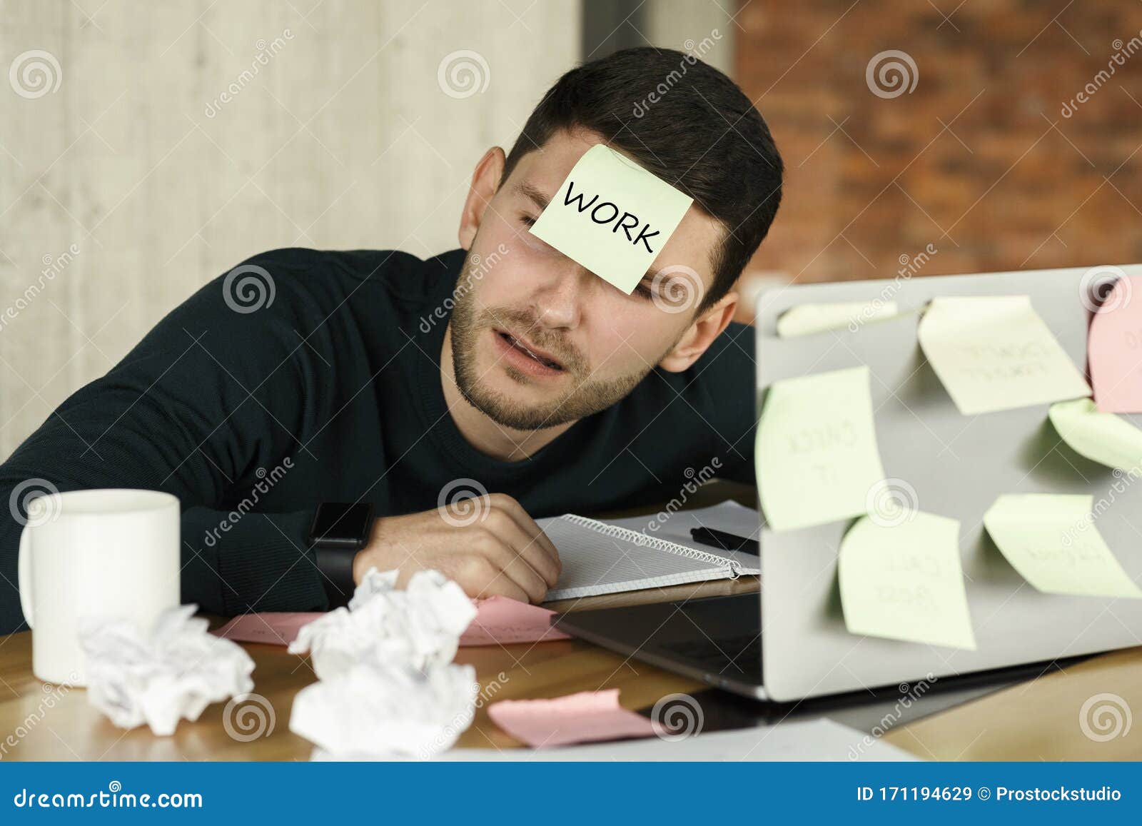 Overworked Man Sleeping Tired of Office Multitasking Work Indoor Stock ...