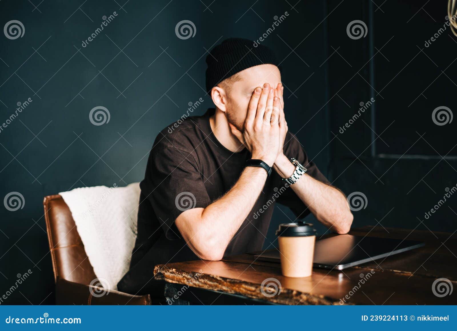 Overworked Man Working on Laptop Computer at Home Office Stock Image ...