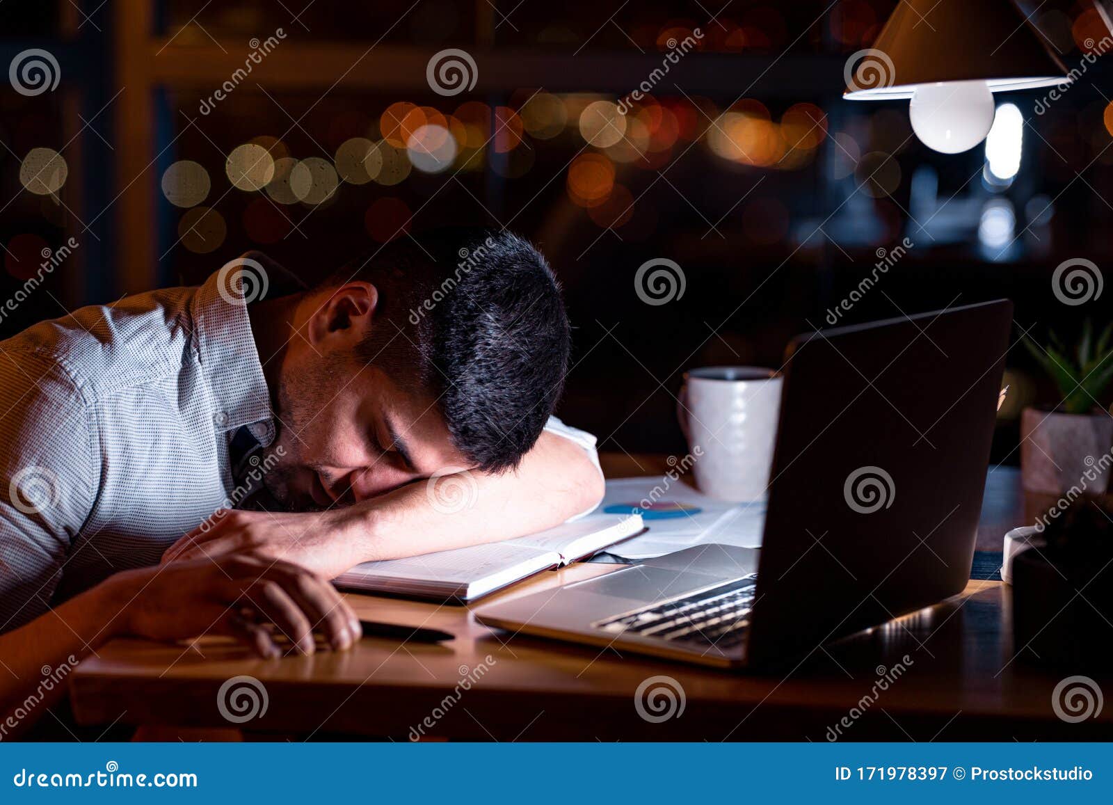 Overworked Manager Sleeping at Laptop in Office at Night Stock Image ...