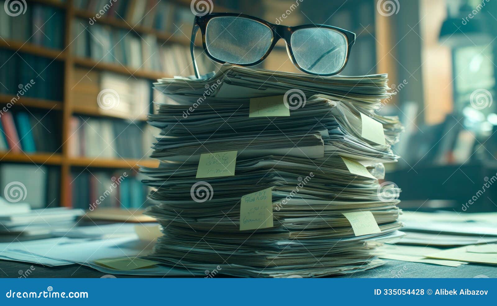 Overworked Office Concept: Stack of Documents with Glasses in Library ...