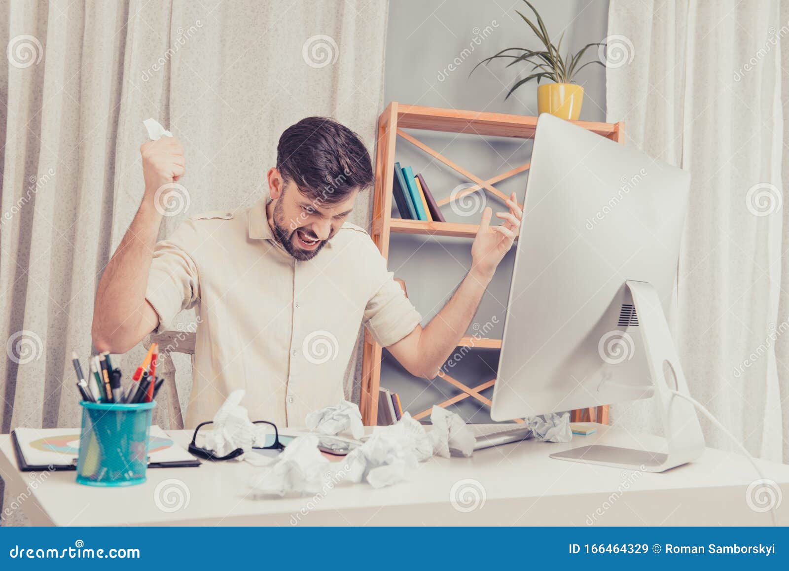 Overworked Sad Man Yelling while Working in Office Stock Image - Image ...
