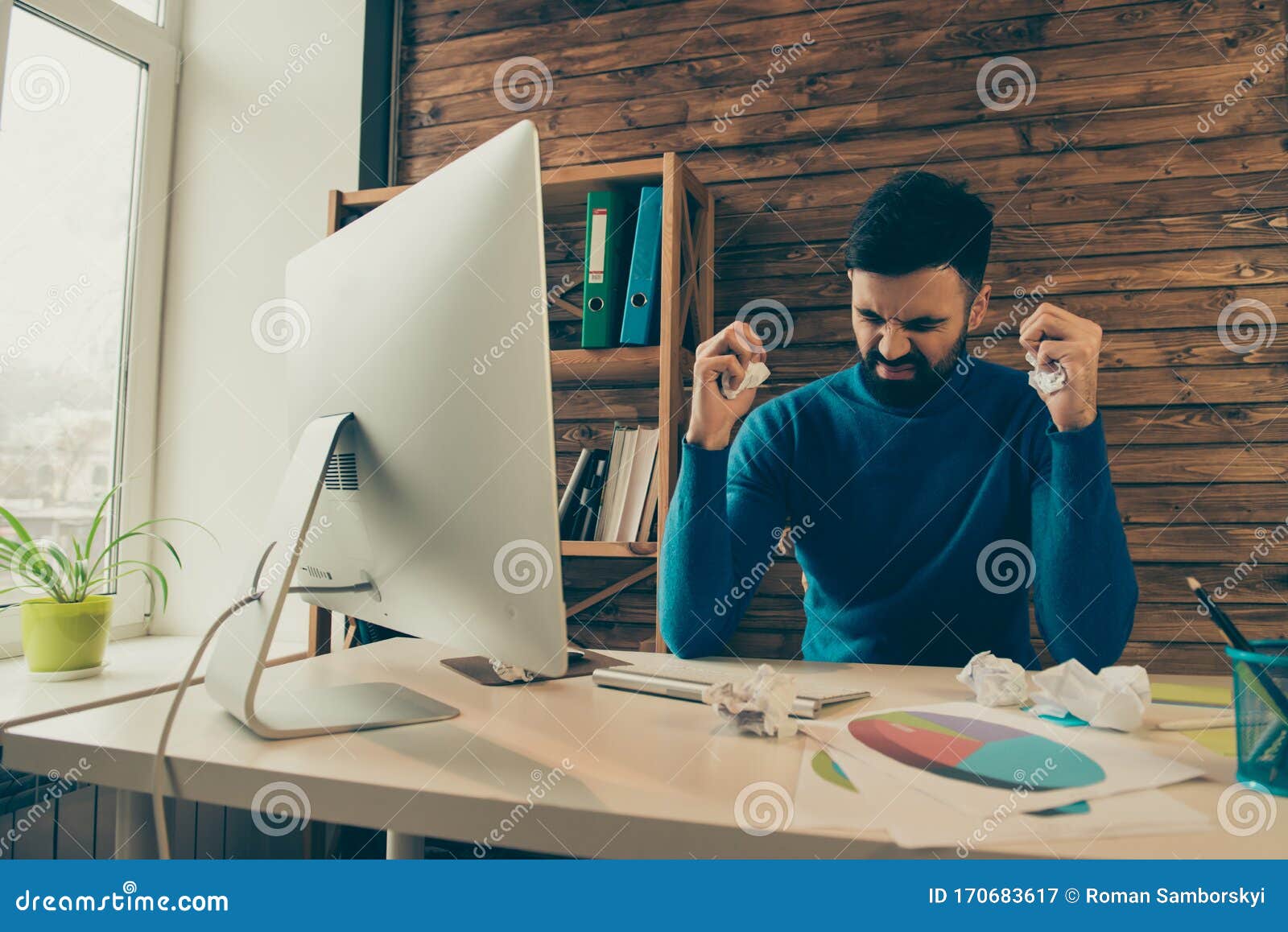 Overworked Sad Man Yelling while Working in Office Stock Image - Image ...