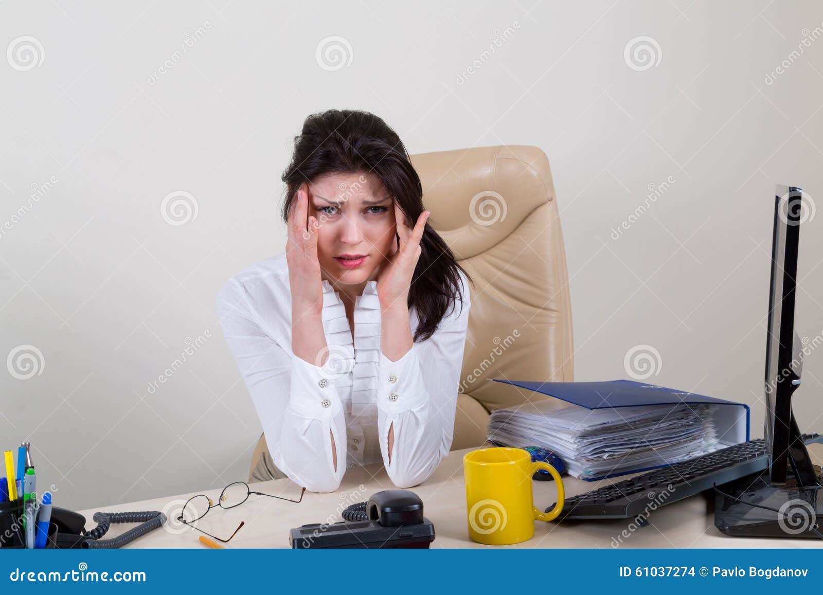 Overworked Woman with Pain in Office Stock Photo - Image of tired, hair ...
