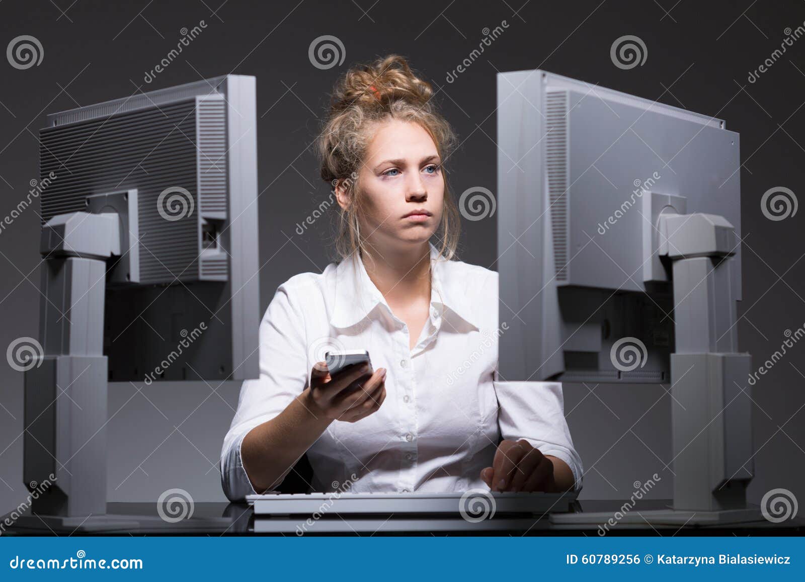 Overworked Woman Sitting at Computers Stock Photo - Image of crisis ...
