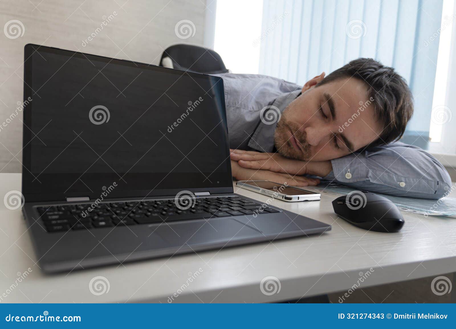 Overworked Young Freelancer Man Sitting at Workplace and Sleeping ...