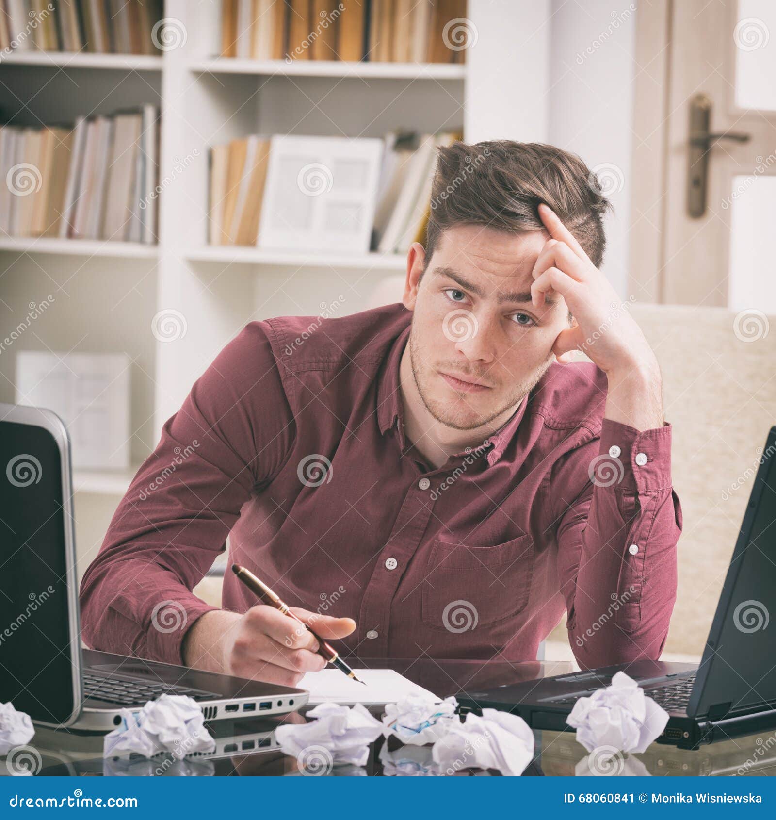 Overworked young man stock image. Image of computer, overworked - 68060841