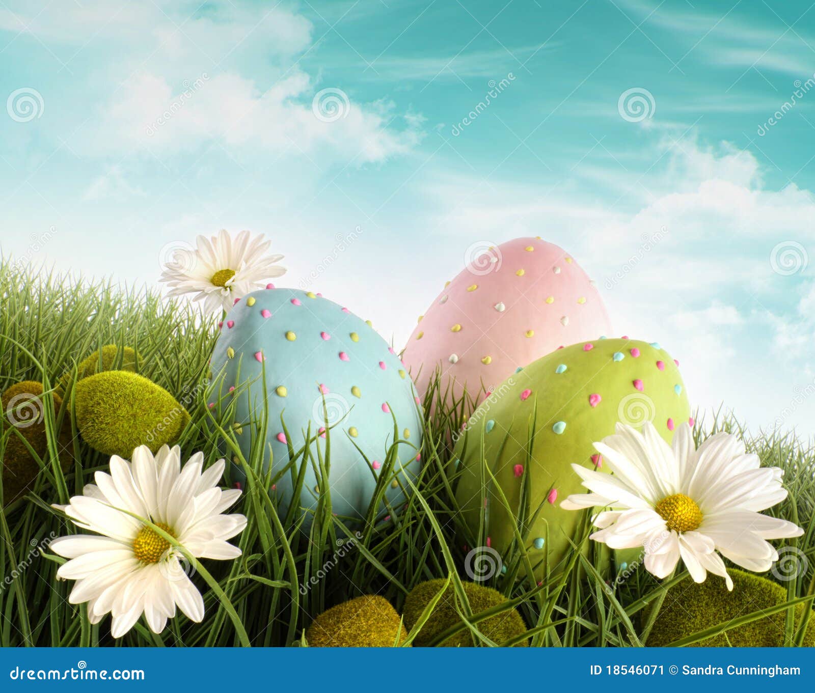 Ovos De Easter Decorados Na Grama Com Margaridas Imagem de Stock ...