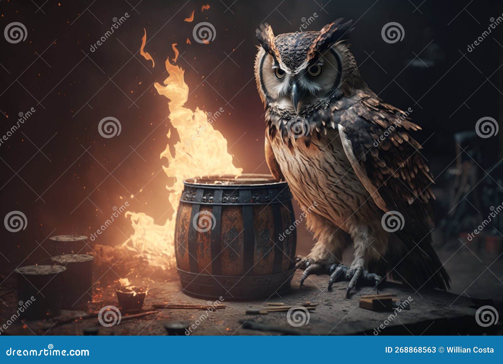 Owl with a barrel on fire stock image. Image of wildlife - 268868563
