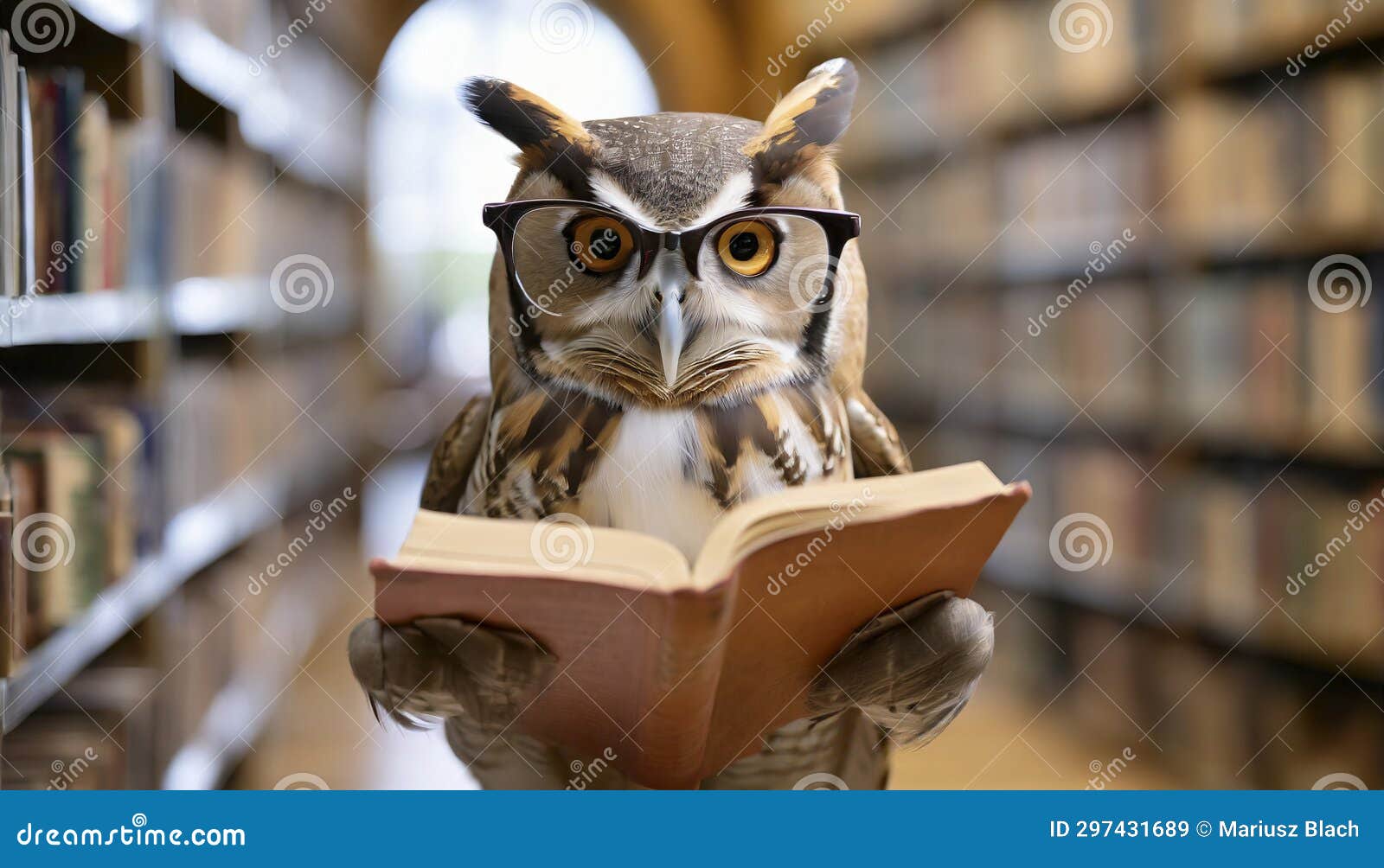 Owl with book in library stock illustration. Illustration of head ...