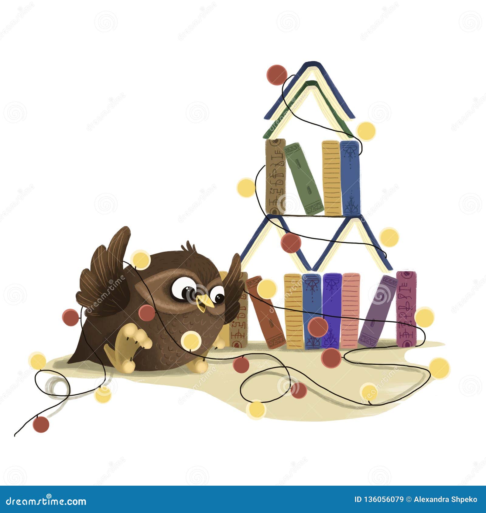 Wise Owl with Books and a Garland Stock Illustration - Illustration of ...