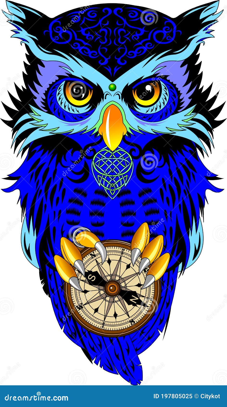 Owl with a compass stock vector. Illustration of ornament - 197805025