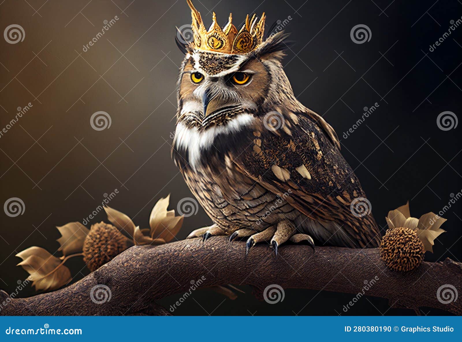 Owl with Crown on His Head on a Tree Branch. 3d Render Generative Ai ...