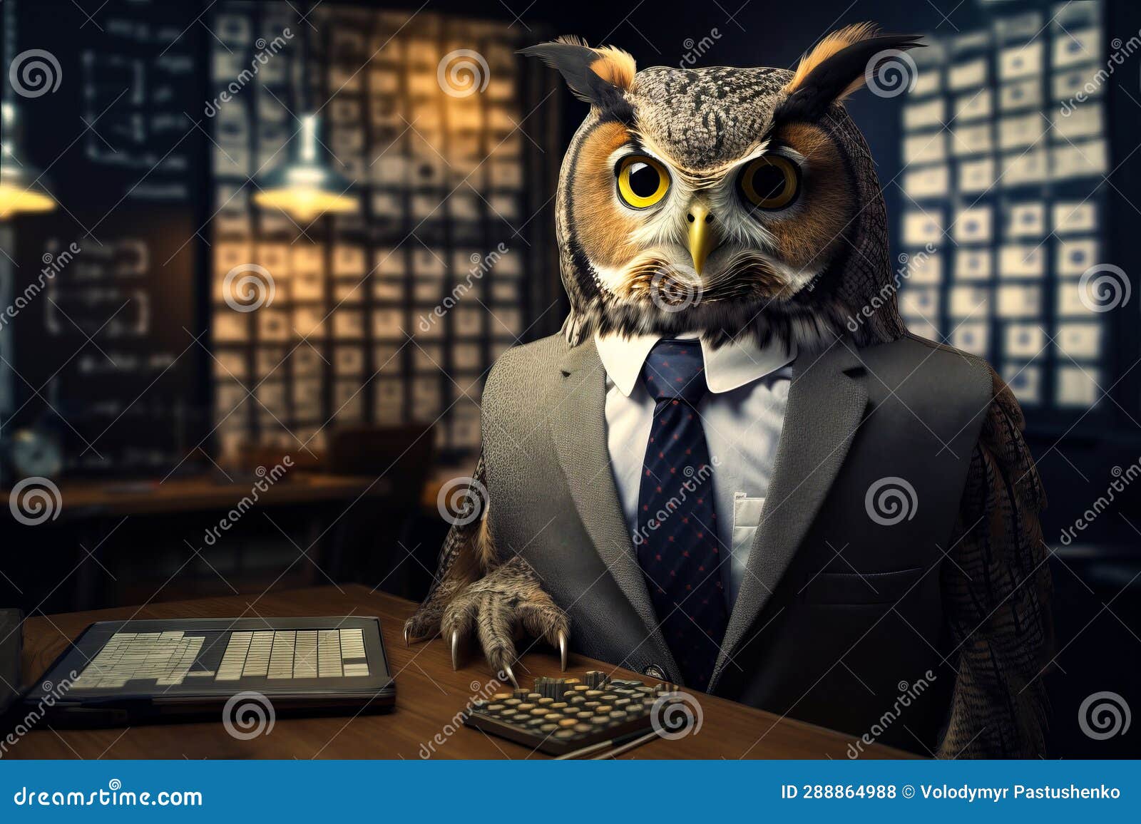 Owl Dressed in Suit and Tie Sitting at Desk. Generative AI Stock Photo ...