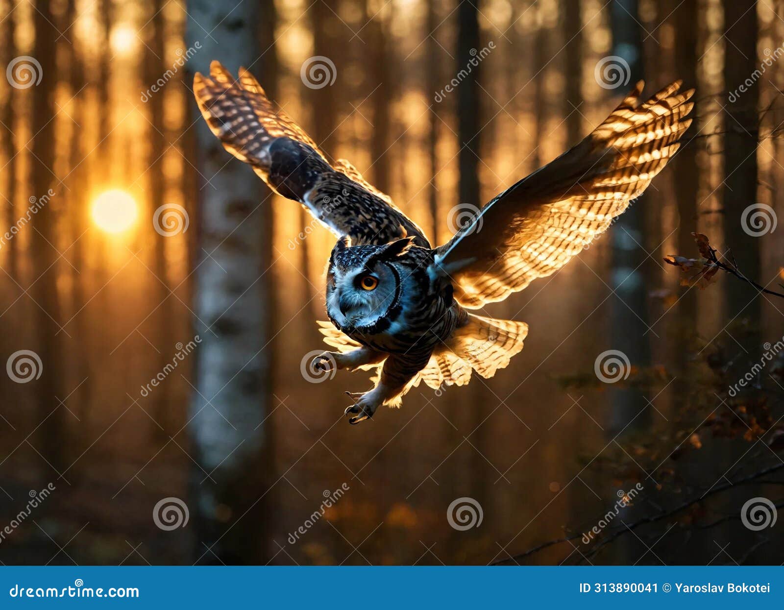 Owl in Flight in the Forest at Sunset Stock Illustration - Illustration ...