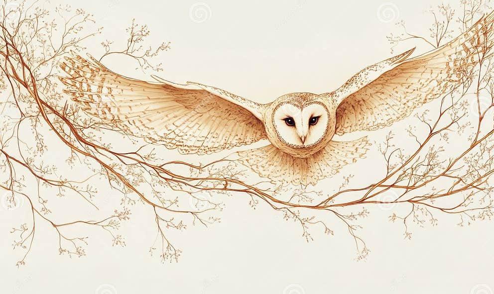 An Owl in Flight with Wings Merging into Thin, Intertwined Branches ...