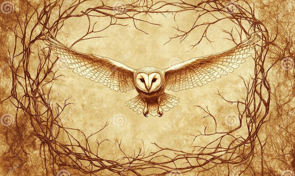 An Owl in Flight with Wings Merging into Thin, Intertwined Branches ...