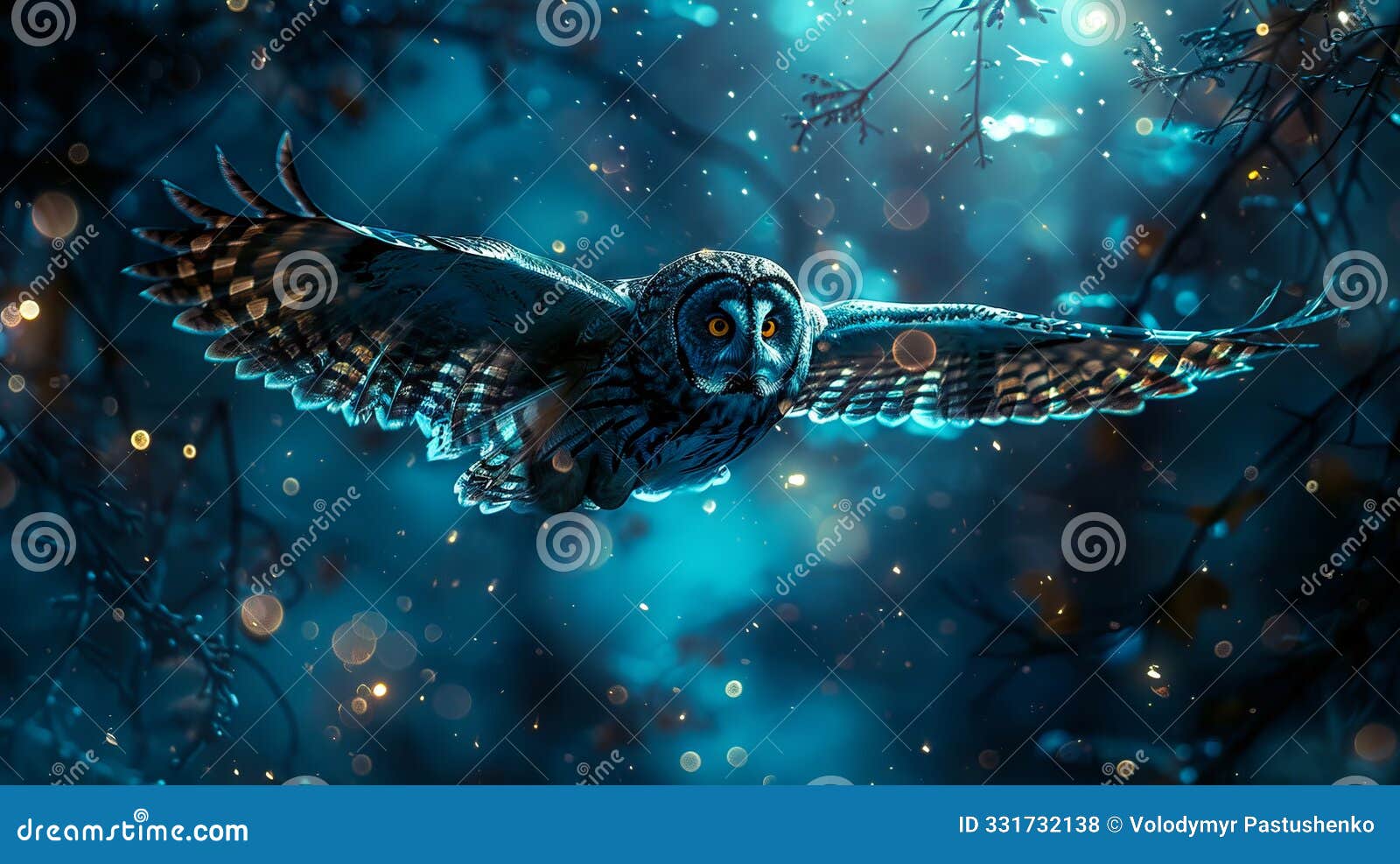 An Owl Flying through the Night Sky Stock Photo - Image of spread, blue ...