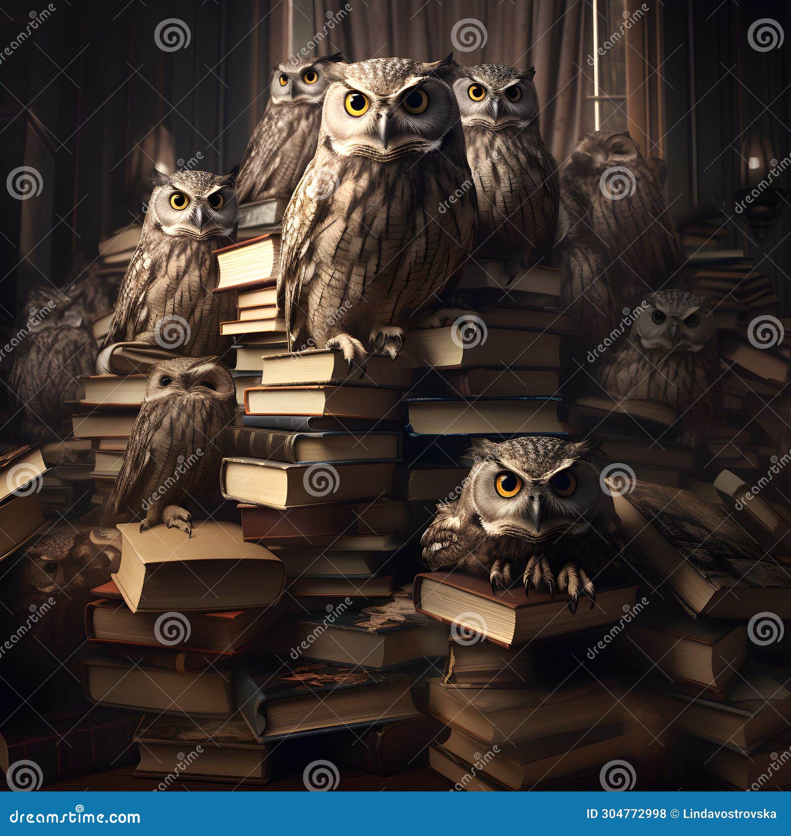 Owl Group Sitting on Book Piles. Stock Illustration - Illustration of ...