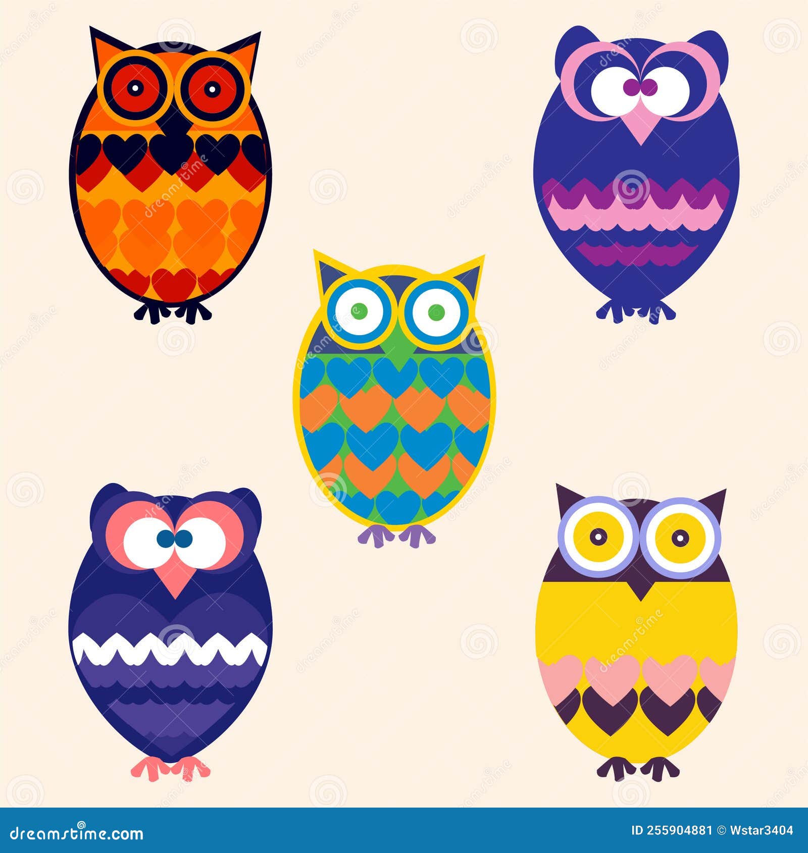 Set of 5 Colorful Cartoon Owls Vector Illustration Stock Vector ...