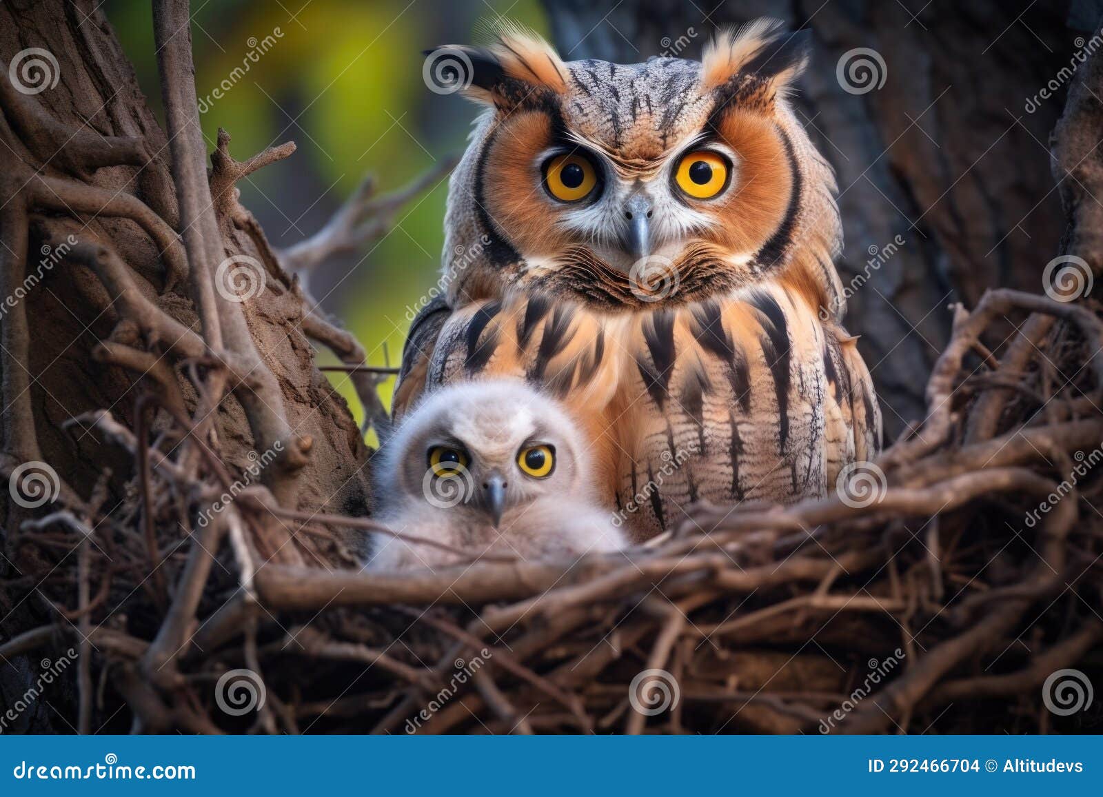 An Owl with Its Owlet in a Treetop Nest Stock Photo - Image of nest ...