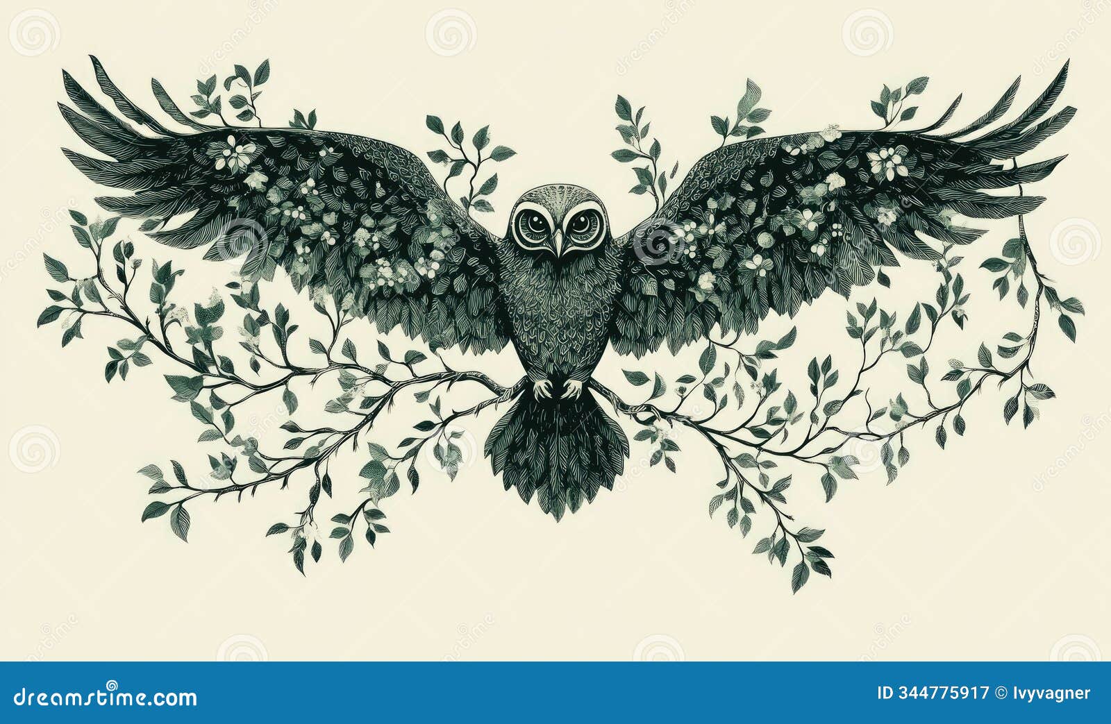 An Owl in Mid-flight, Wings Transforming into Stylized Tree Branches ...