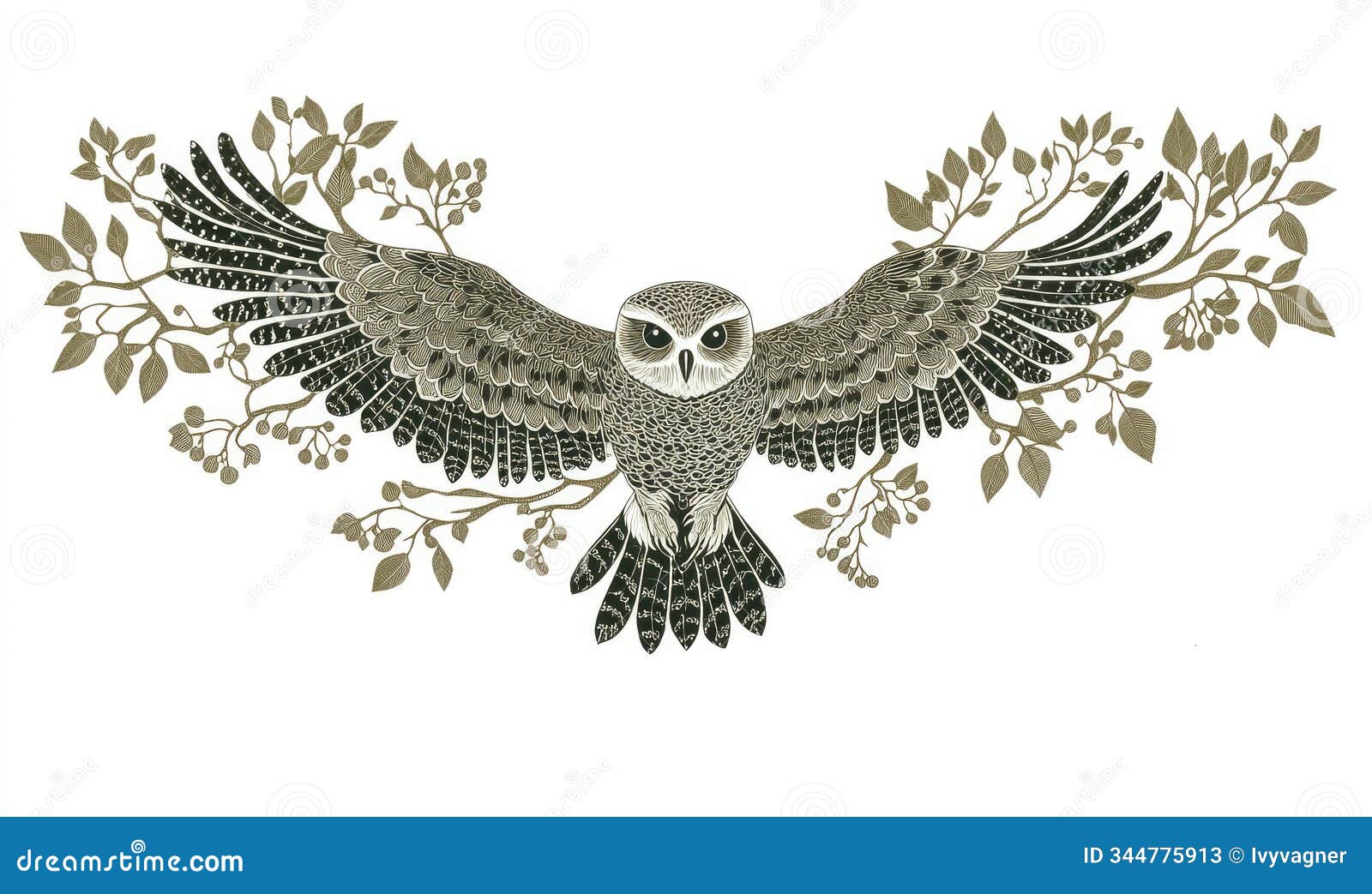 An Owl in Mid-flight, Wings Transforming into Stylized Tree Branches ...