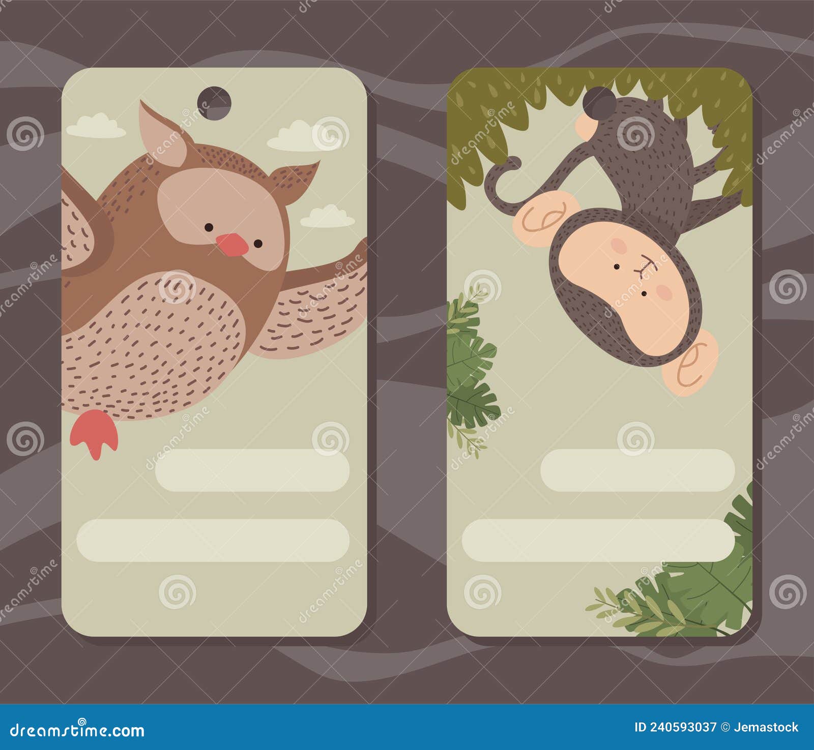 Owl and monkey in labels stock vector. Illustration of little - 240593037