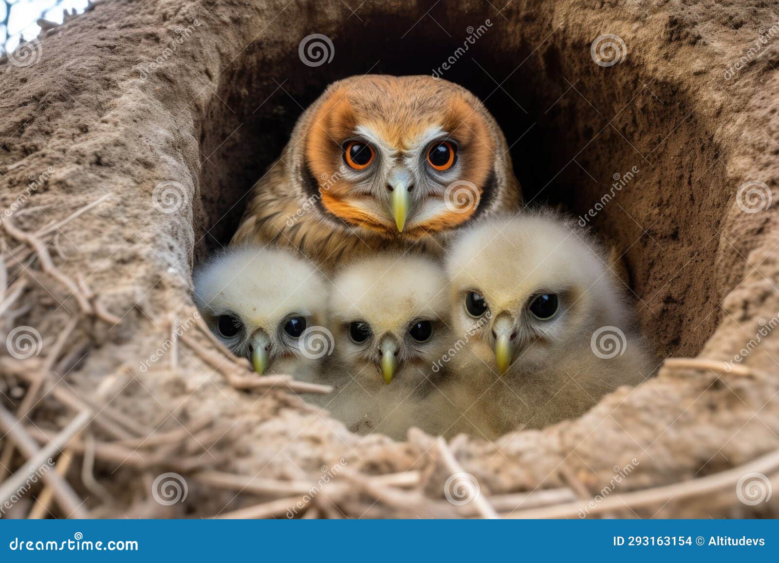 Owl Mother Observing Her Chicks in the Nest Stock Photo - Image of ...