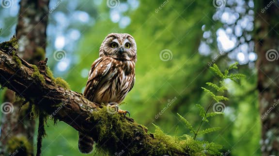 Owl Observing from Forest Branch Stock Illustration - Illustration of ...