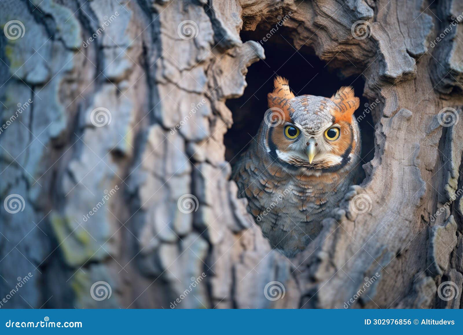An Owl Peering Out from a Tree Cavity at Dusk Stock Photo - Image of ...