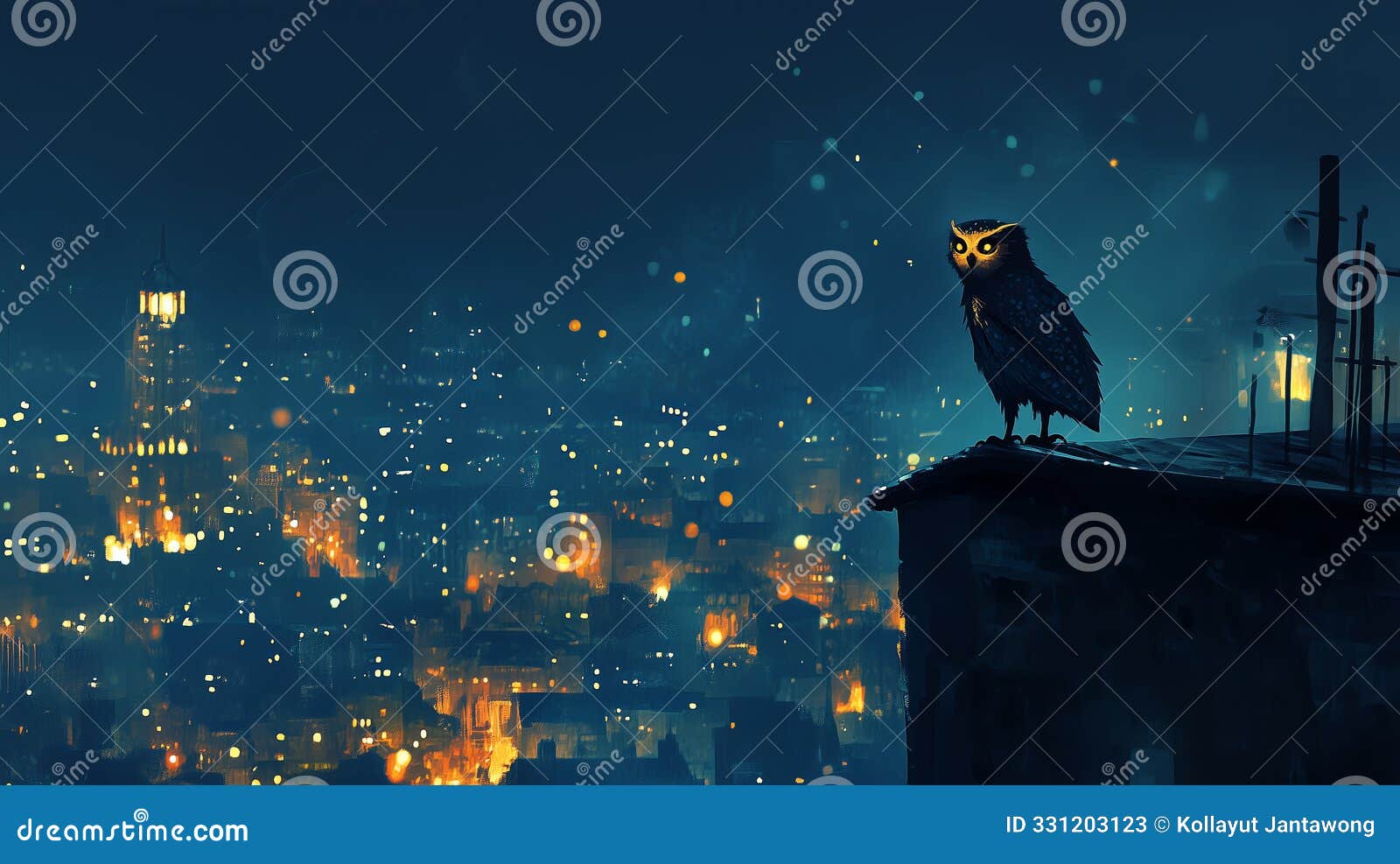 Owl Perched on Rooftop Edge Overlooking City Lights with Navy Blue ...