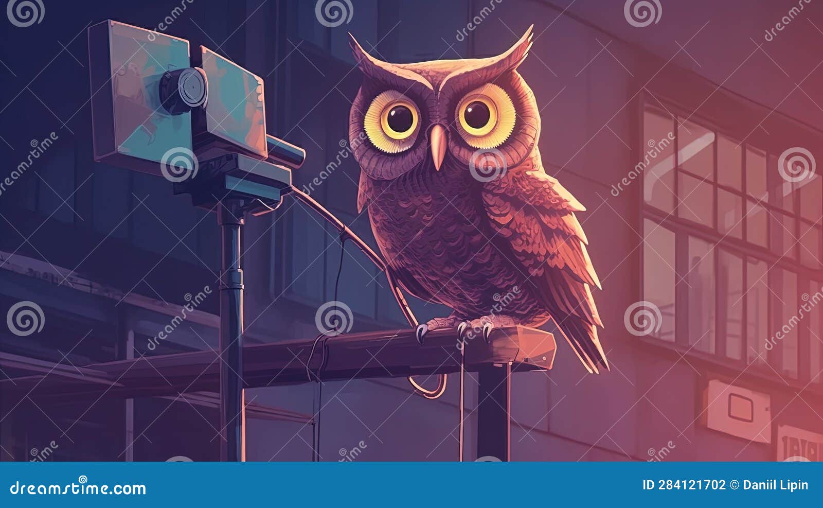 An Owl Perched on a Surveillance Camera Stock Illustration ...