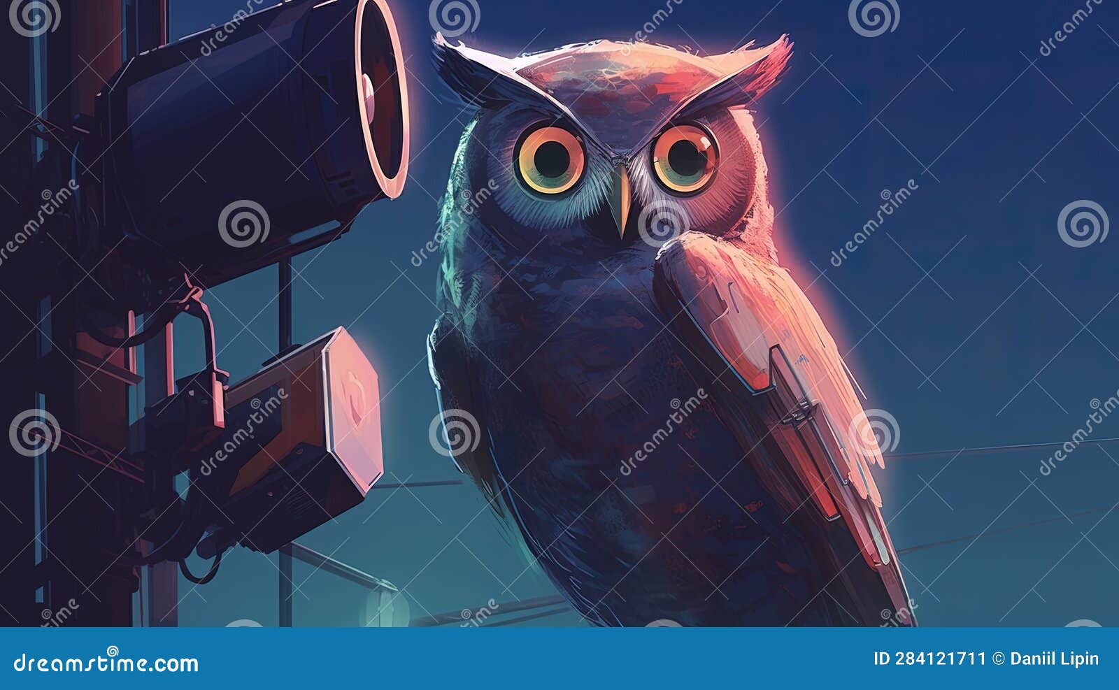 An Owl Perched on a Surveillance Camera Stock Illustration ...