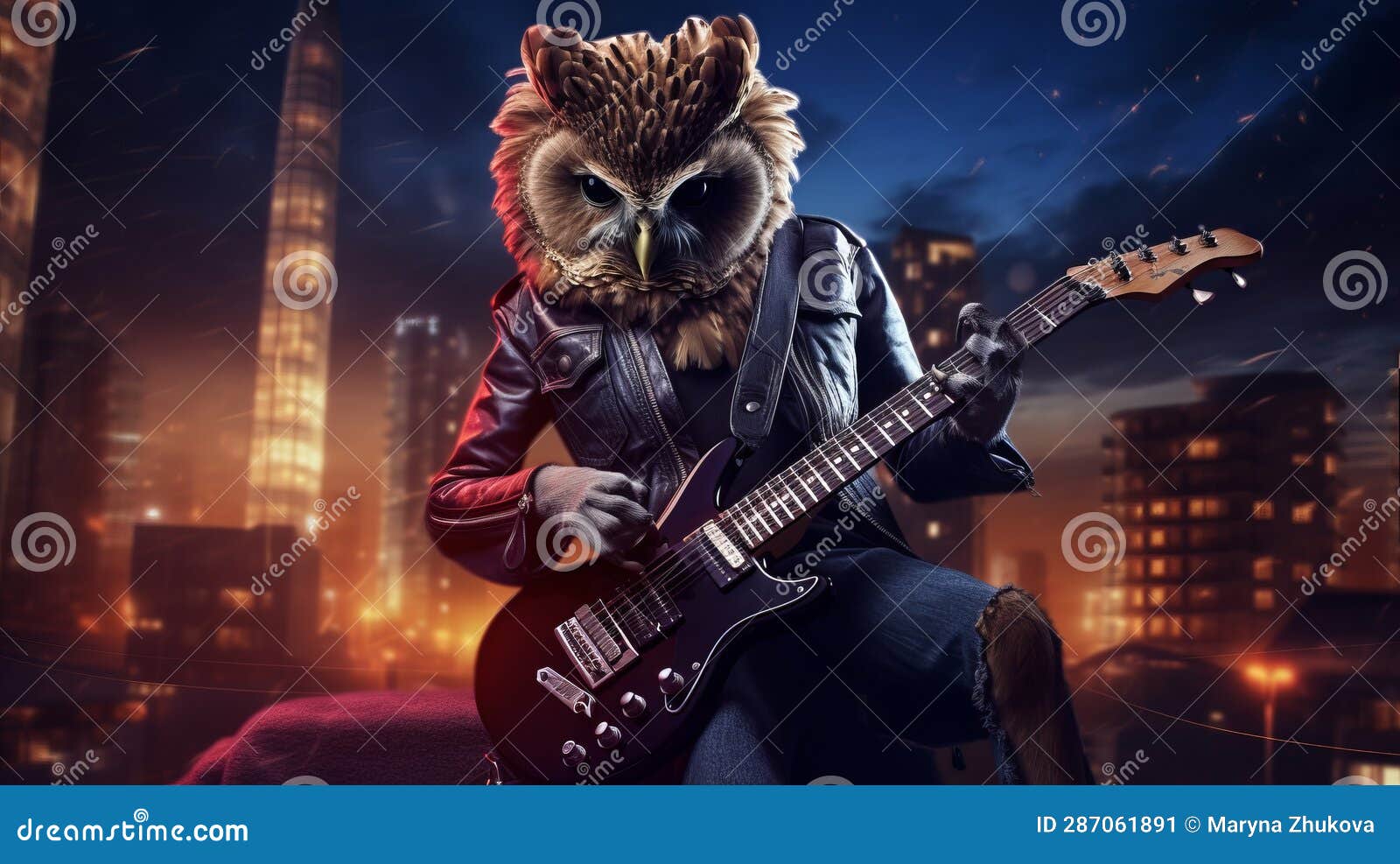 An Owl Plays the Guitar, a Rocker Bird. Nocturnal Animal with Yellow ... An Owl Plays the Guitar, a Rocker Bird. Nocturnal Animal with Yellow ...