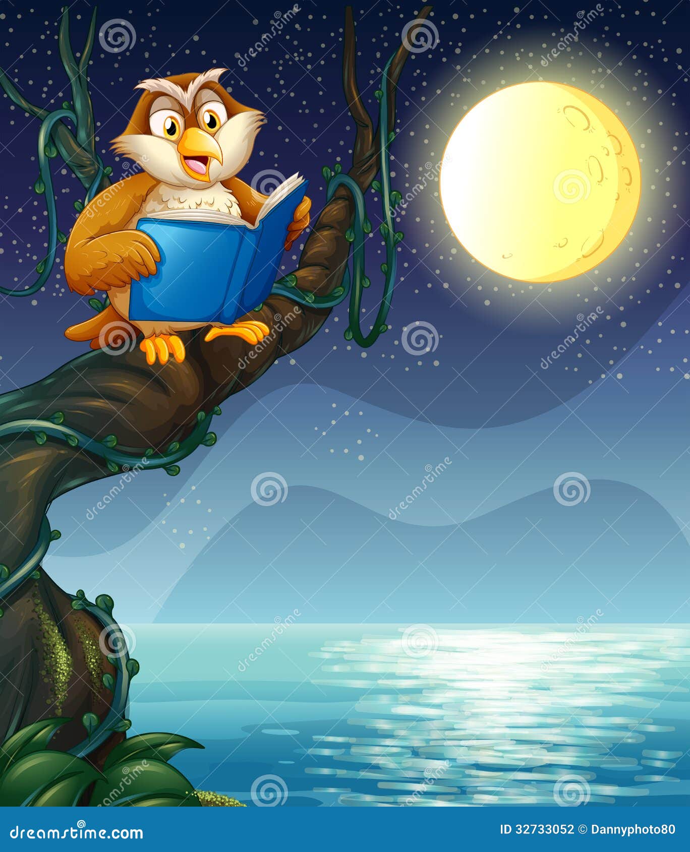 An Owl Reading a Book Above a Branch of a Tree Stock Vector ...