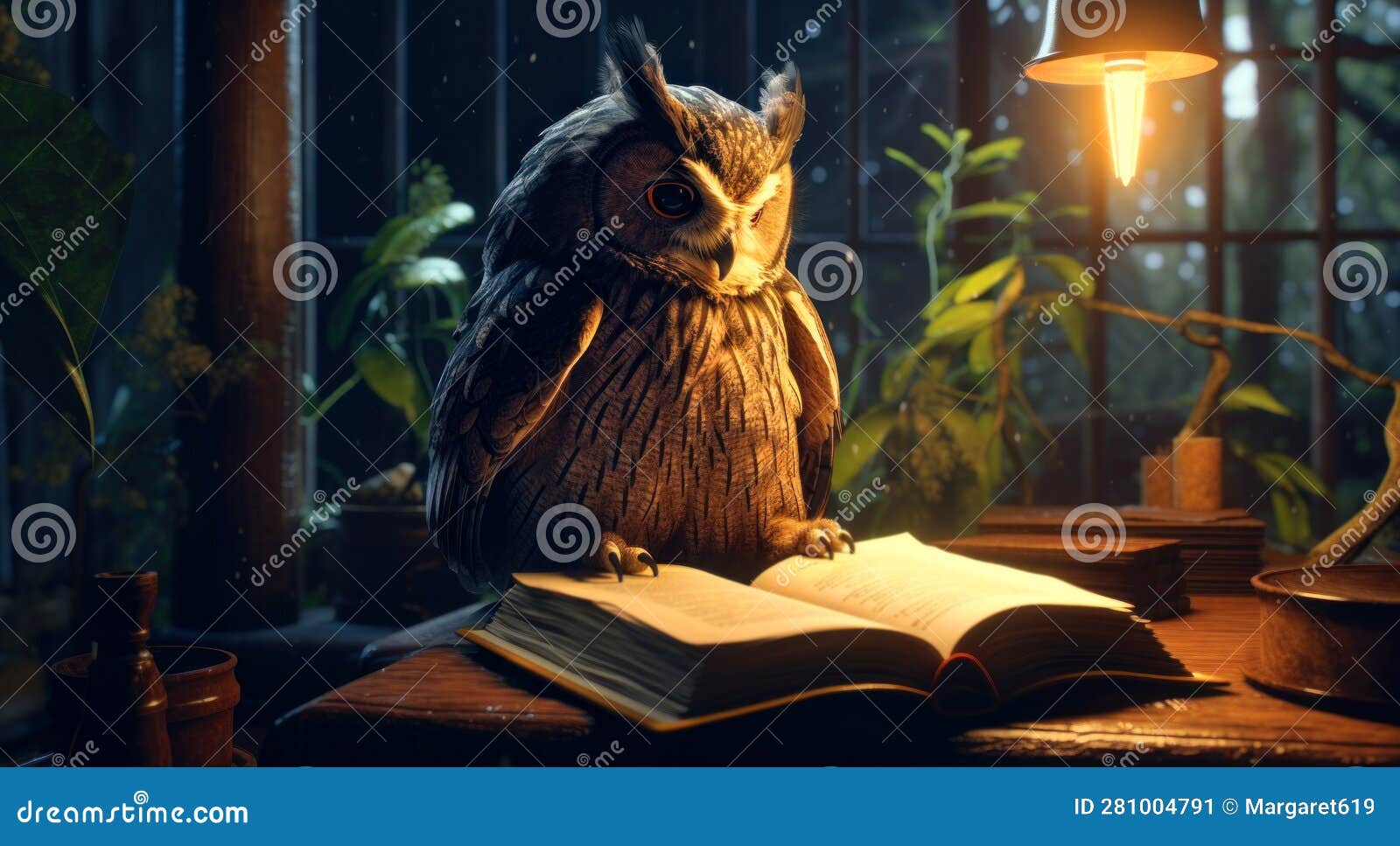 Owl Reading Book at Home at Night. Stock Illustration - Illustration of ...