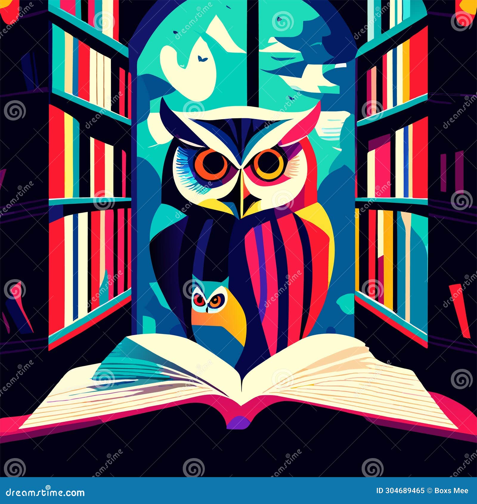 Owl Reading a Book in the Library. Vector Illustration in Flat Style AI ...