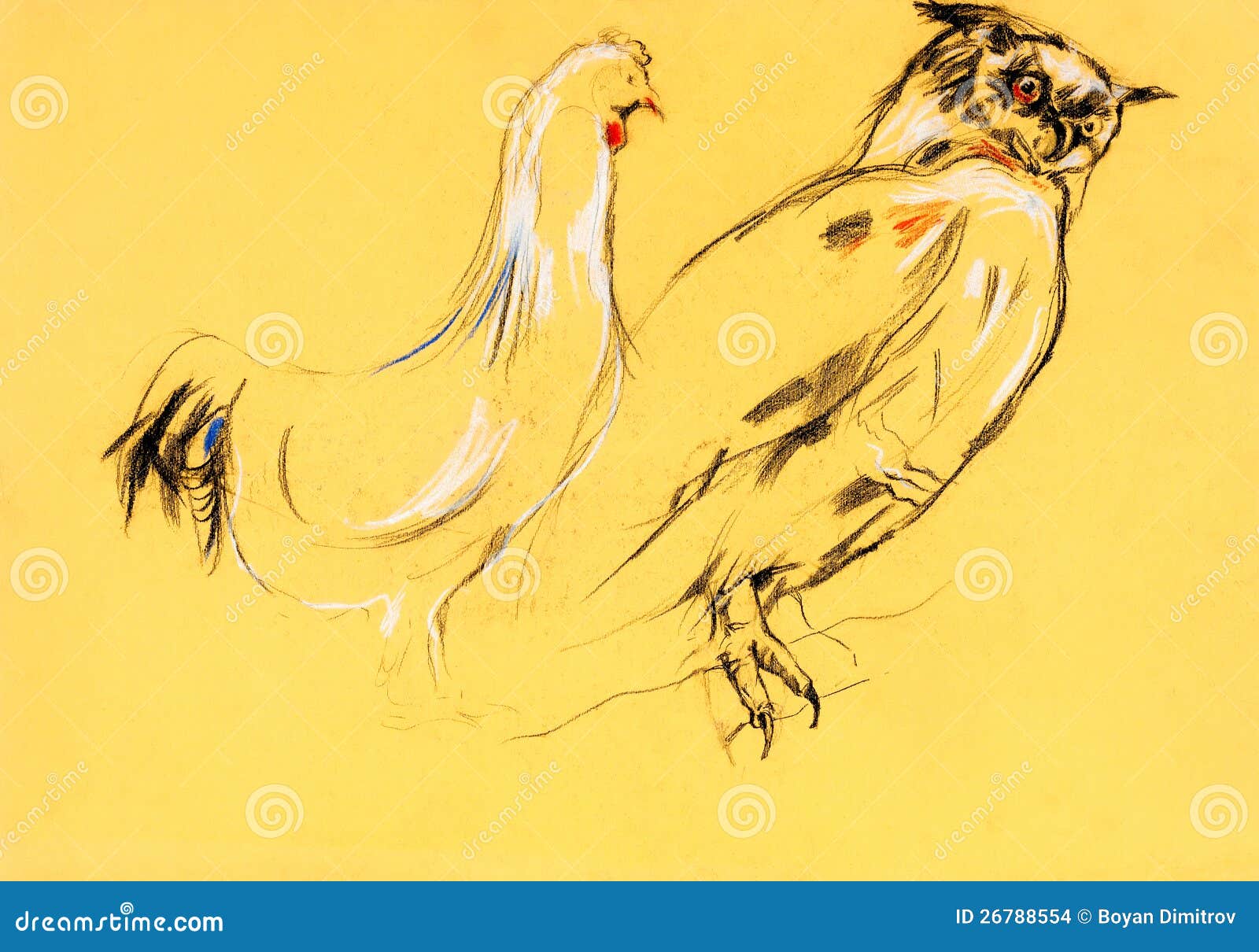 Owl and rooster painting stock illustration. Illustration of character ...