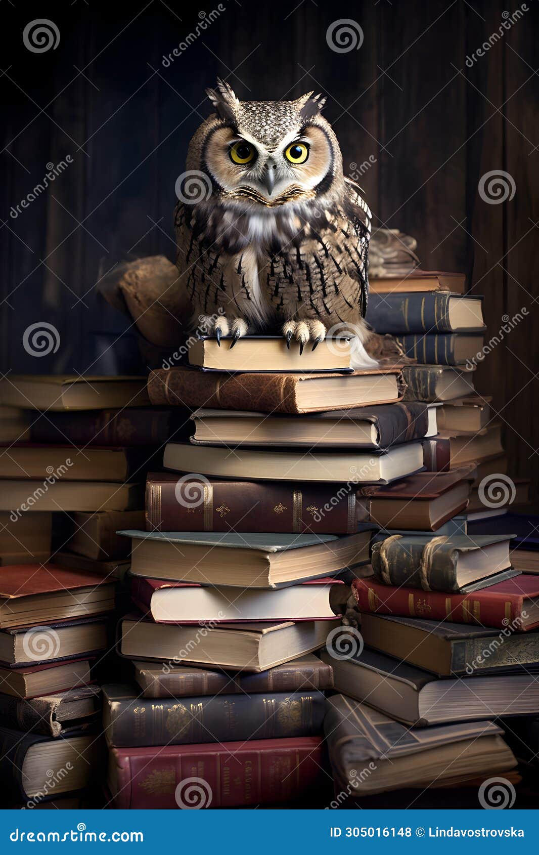 Owl sitting on book piles. stock illustration. Illustration of ...