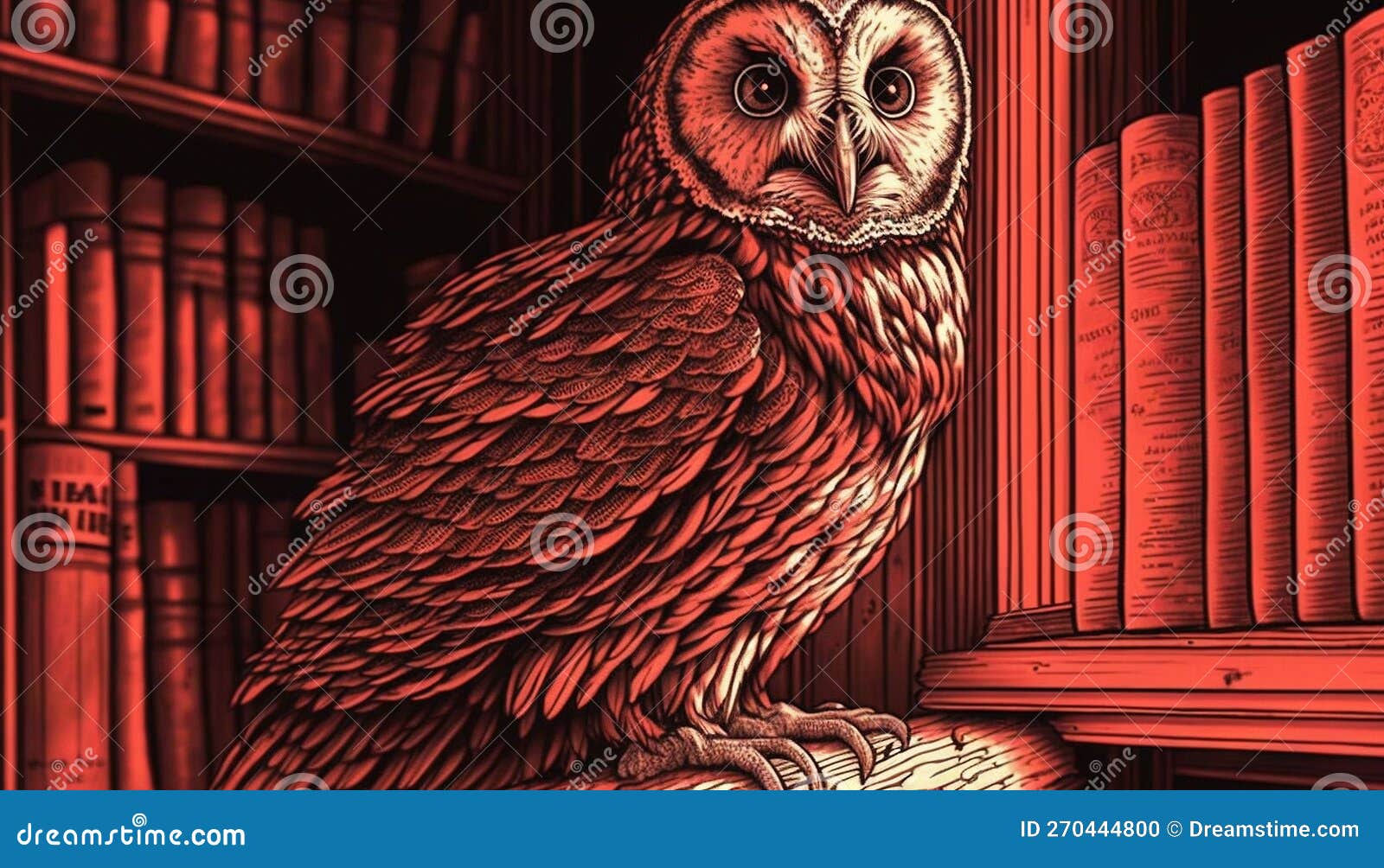 An Owl Sitting on a Book Shelf in Front of a Bookshelf. Stock ...
