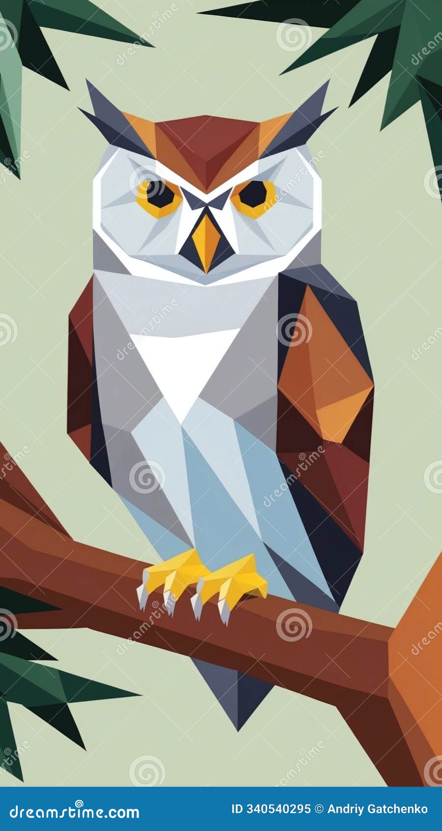 Owl Sitting on a Branch in Low Poly Style with Sharp Polygonal Shapes ...